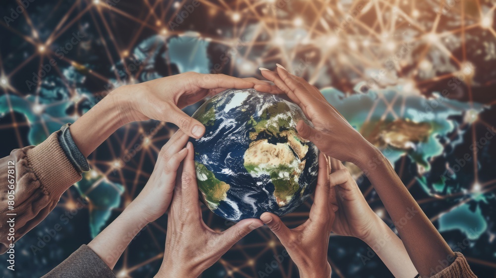 A group of diverse hands holding up a globe, symbolizing global ...