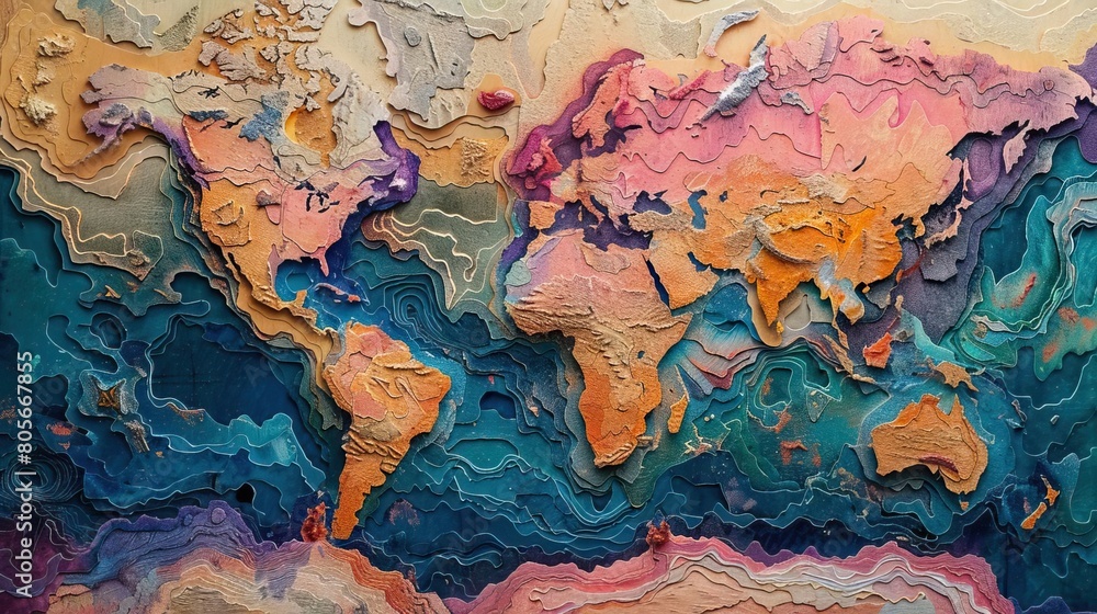 ภาพประกอบสต็อก colorful world map. The continents are painted in ...
