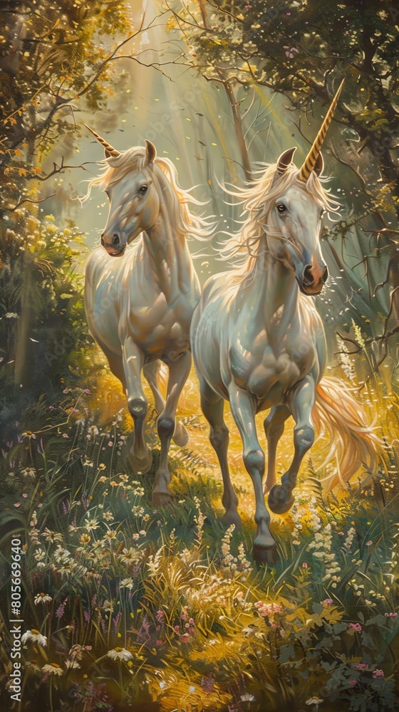 Paint a mesmerizing oil portrait of two graceful unicorns frolicking in ...