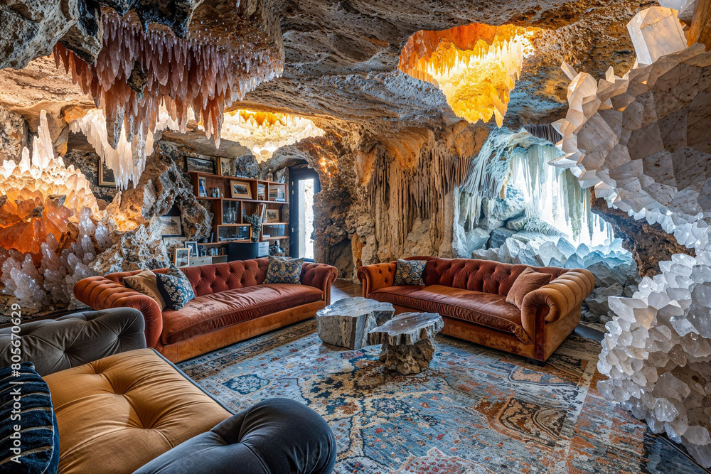 Crystal cave home interior design, living room, mineral formations ...