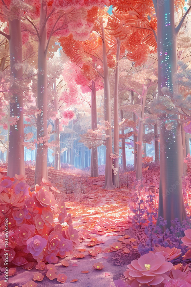 The photo shows a beautiful pink forest with a path leading through it ...
