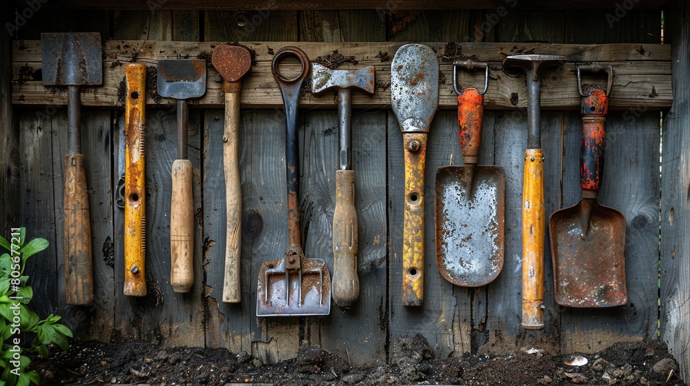 Vintage farm tools hanging in an old barn, heritage and history ...