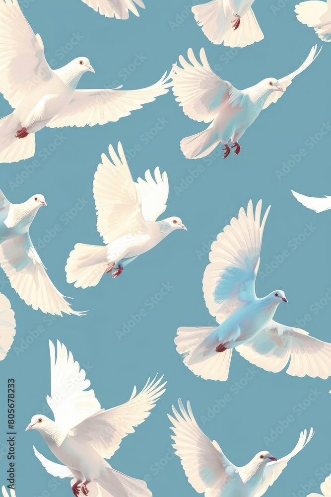 Seamless pattern, birds flock flying. White doves in sky, endless ...