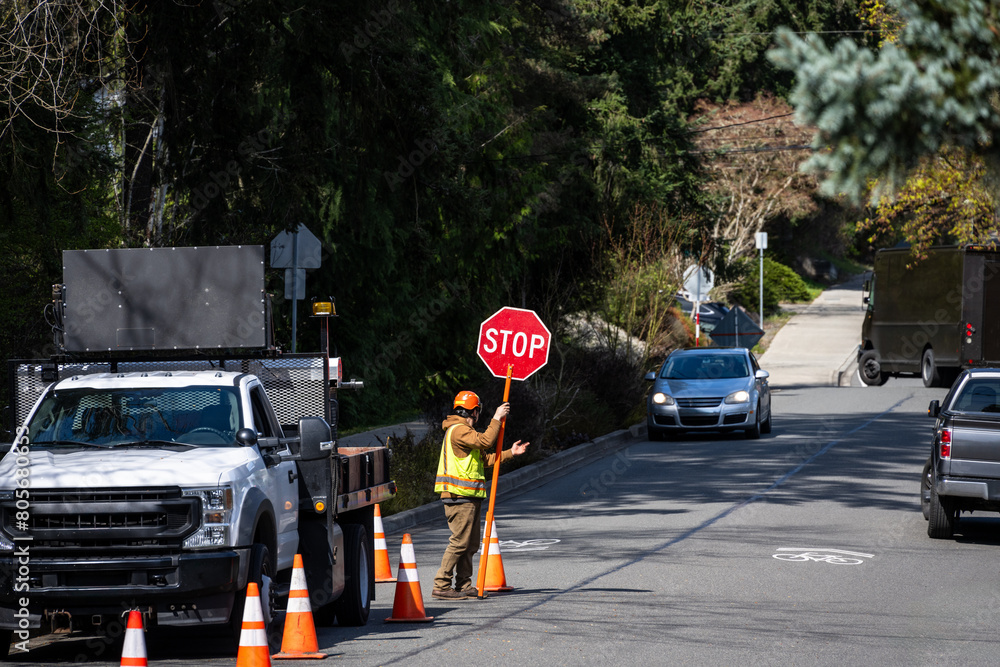 City workman with temporary stop sign managing traffic around large ...