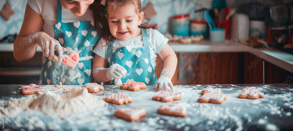 of a mother and child wearing matching aprons and baking together, the ...