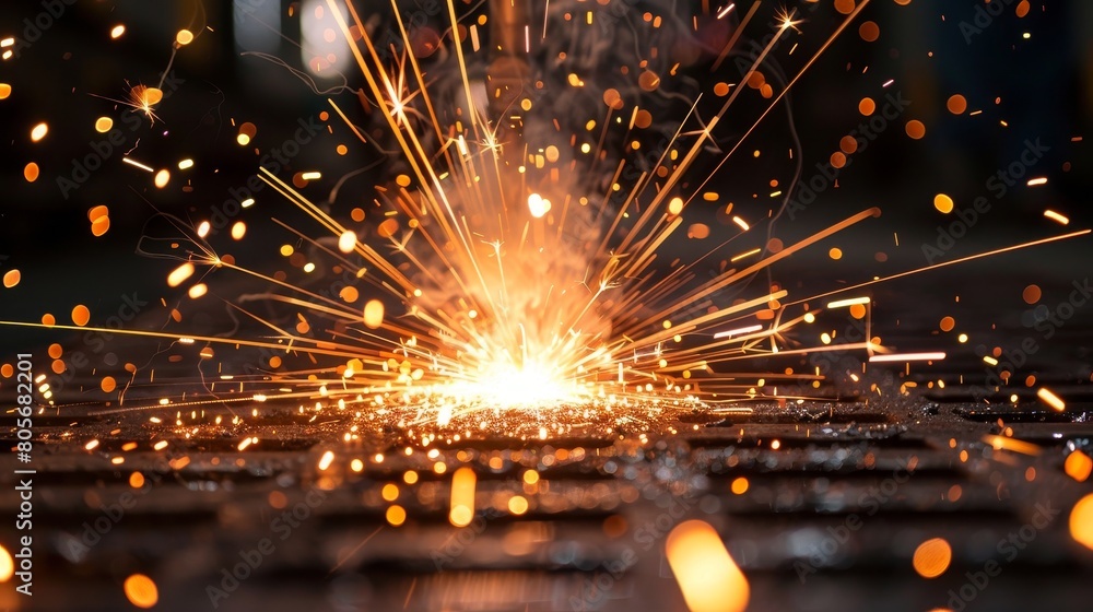 Vivid display of welding sparks scattering in a dark environment ...