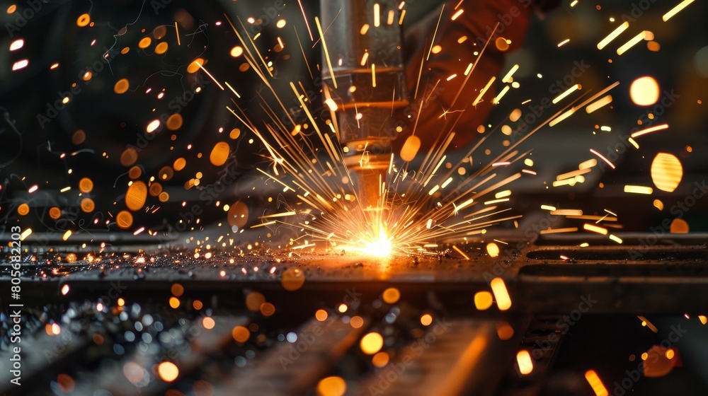Vivid display of welding sparks scattering in a dark environment ...