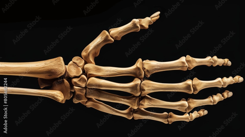 Panoramic close-up view of a human hand's skeletal structure ...