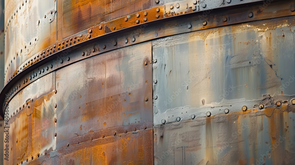 Macro view of a colossal oil tank in a factory environment, focusing on ...
