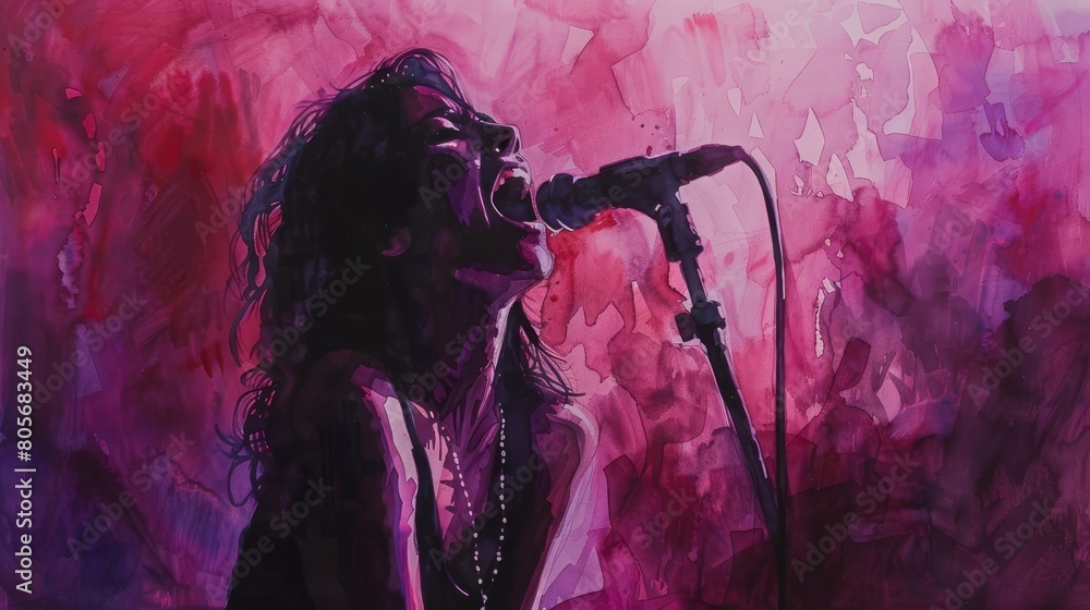 Watercolor of a female singer belting a high note on stage, intense ...