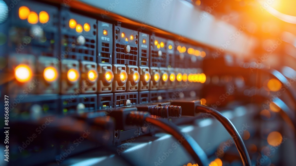 Many network switch hubs and ethernet cable in rack cabinet. Network ...