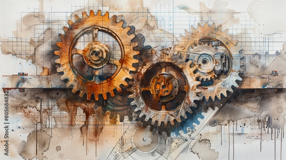 Watercolor painting of rusty cogs and gears overlaid with technical ...