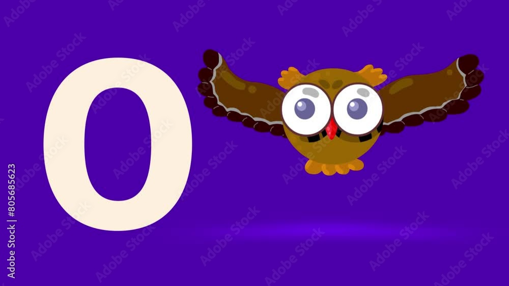 O letter big color like owl flying cartoon animation. Animal bird loop ...