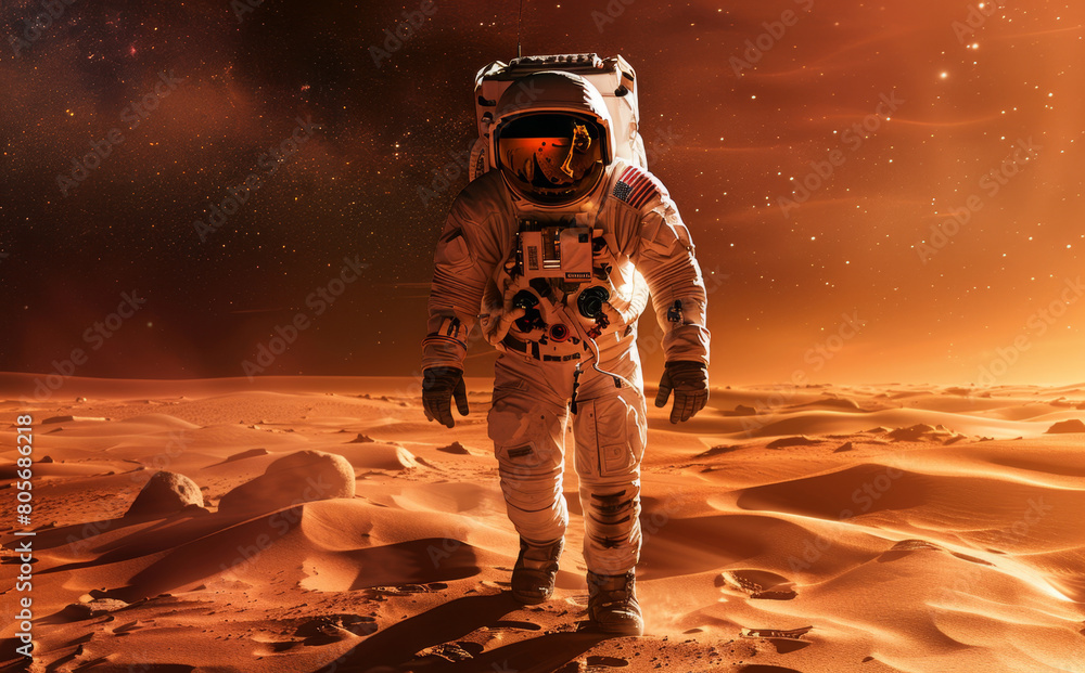 An astronaut in a space suit on the planet Mars, in the style of a ...