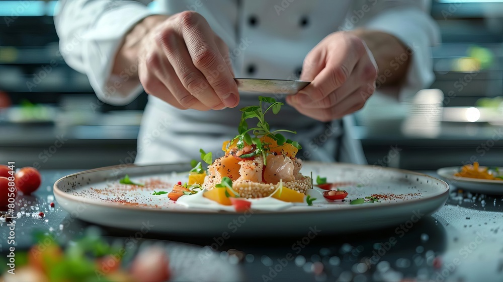 Gourmet Vegan Restaurant A chef plating a vegan dish in a minimalist ...