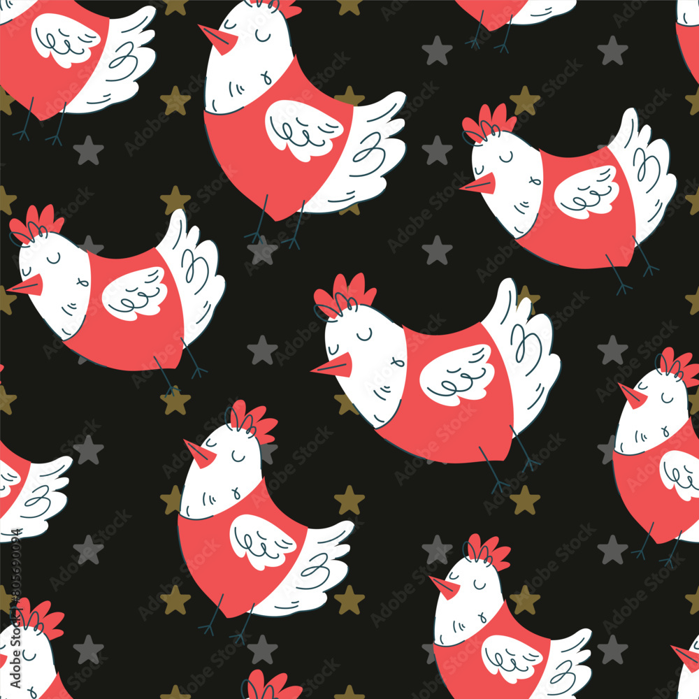 Seamless pattern of Happy hen wearing a red shirt cartoon. There are ...