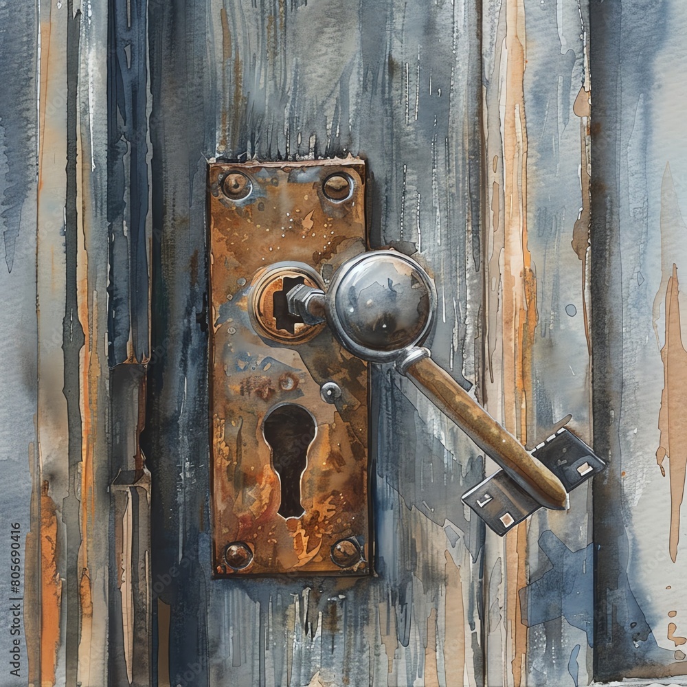 Realistic watercolor depiction of a shiny key being inserted into a ...