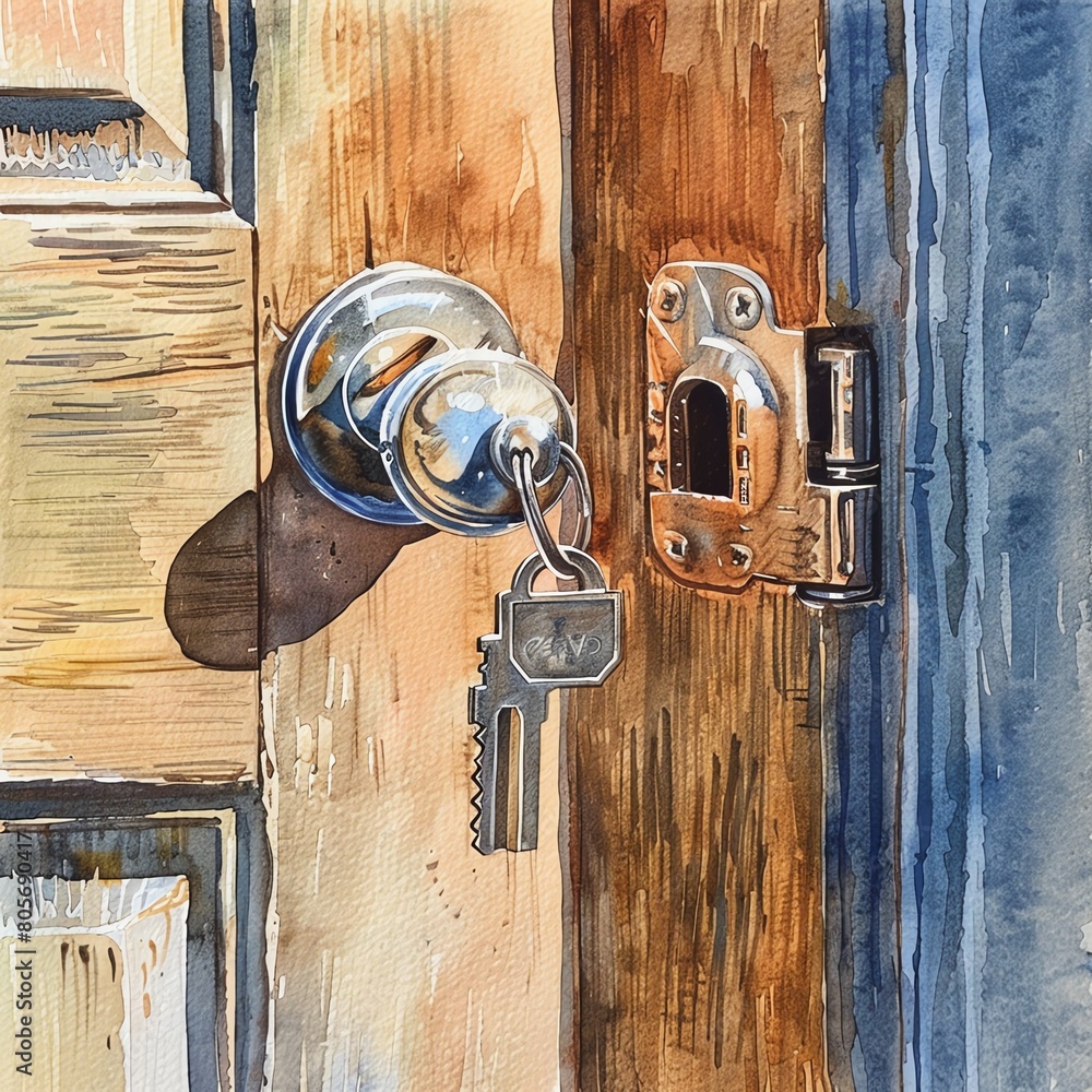 Realistic watercolor depiction of a shiny key being inserted into a ...