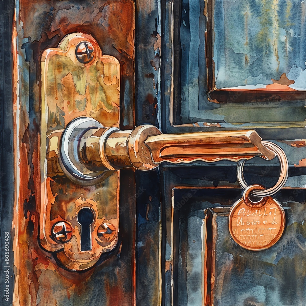Realistic watercolor depiction of a shiny key being inserted into a ...