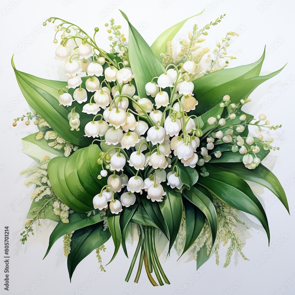 Watercolor artwork of a Lily of the Valley wedding bouquet, capturing ...
