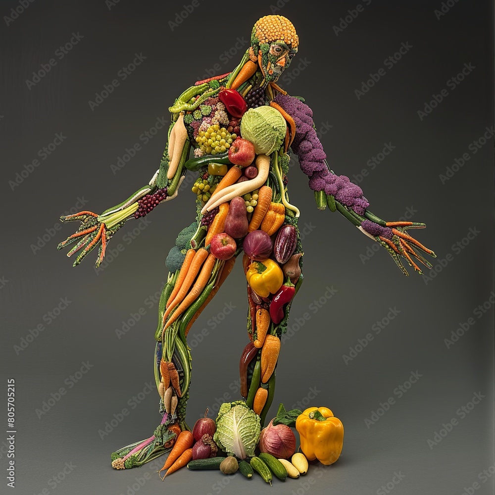 Human figure sculpted from diverse fruits and vegetables, featuring ...