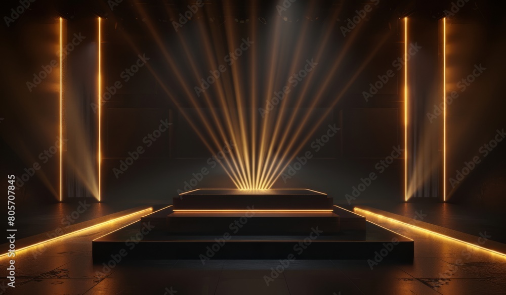 A dark background with golden light rays, a rectangular stage in the ...