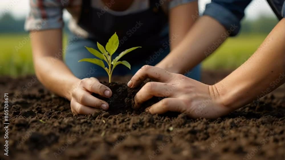 agriculture teamwork. farmers team hands plant a small plant in the ...