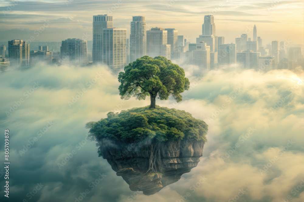 Green tree grew on small green island floating in clouds against ...