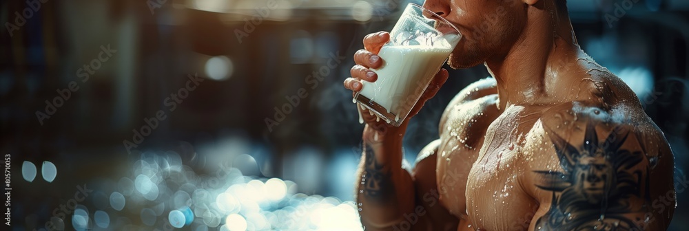 Sweaty Caucasian male bodybuilder with tattoo drinks milk, milkshake ...