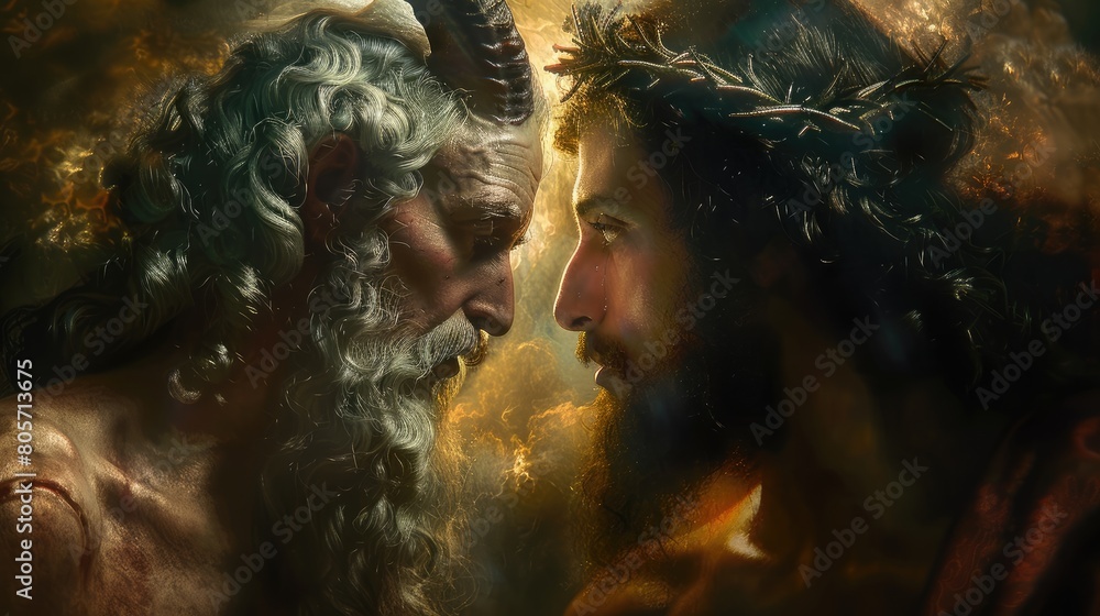 Symbolic confrontation: battle between God and the devil, good and evil ...