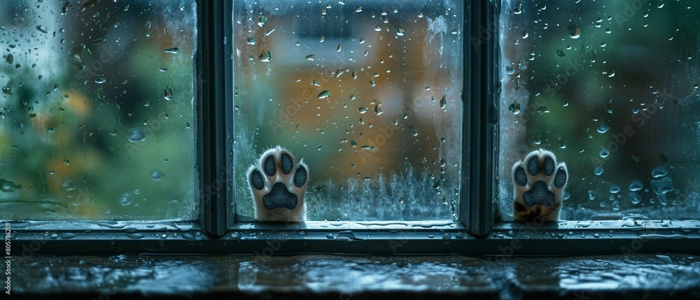 Paw Prints on a Window Sill Capture a series of wet paw prints on a ...