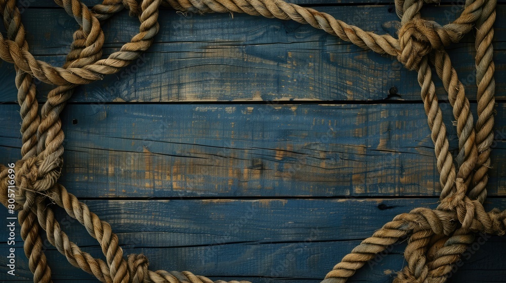 Nautical background featuring a rope shaped as a circle on a wood ...