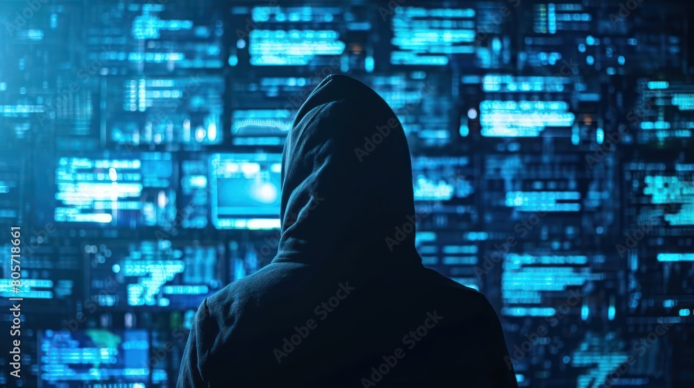 Silhouette of hooded computer hacker on background of multiple displays and digital information ...