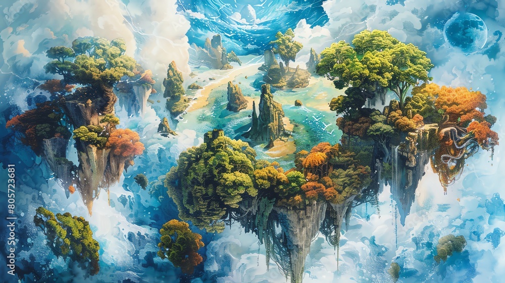 Capture a surreal birds-eye view dream using vibrant watercolors ...