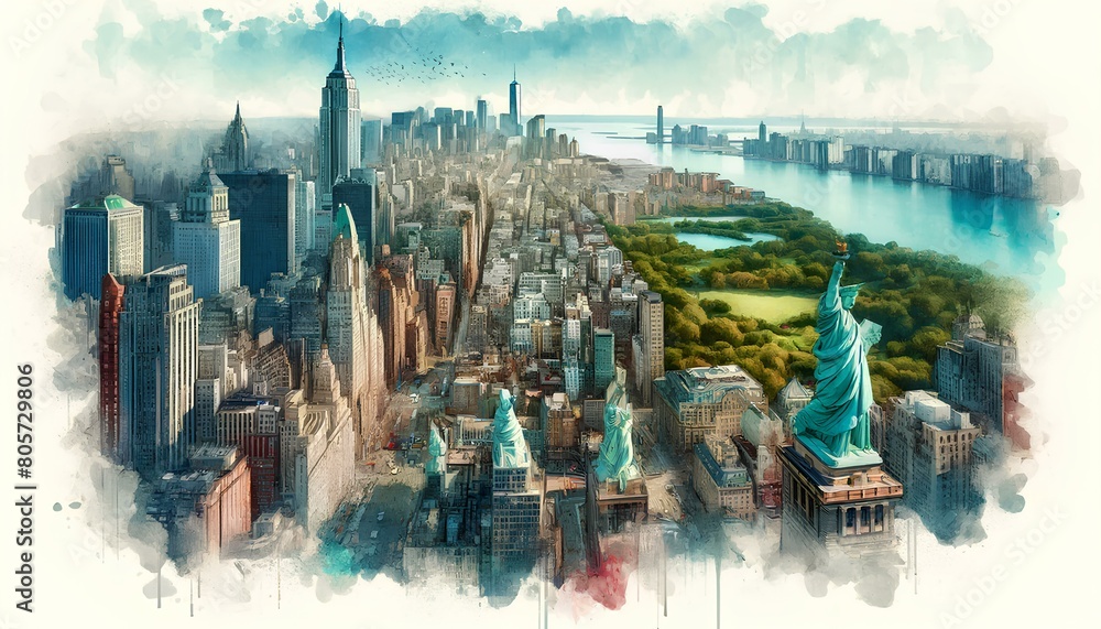 new york city highlighting the statue of liberty, empire state building ...
