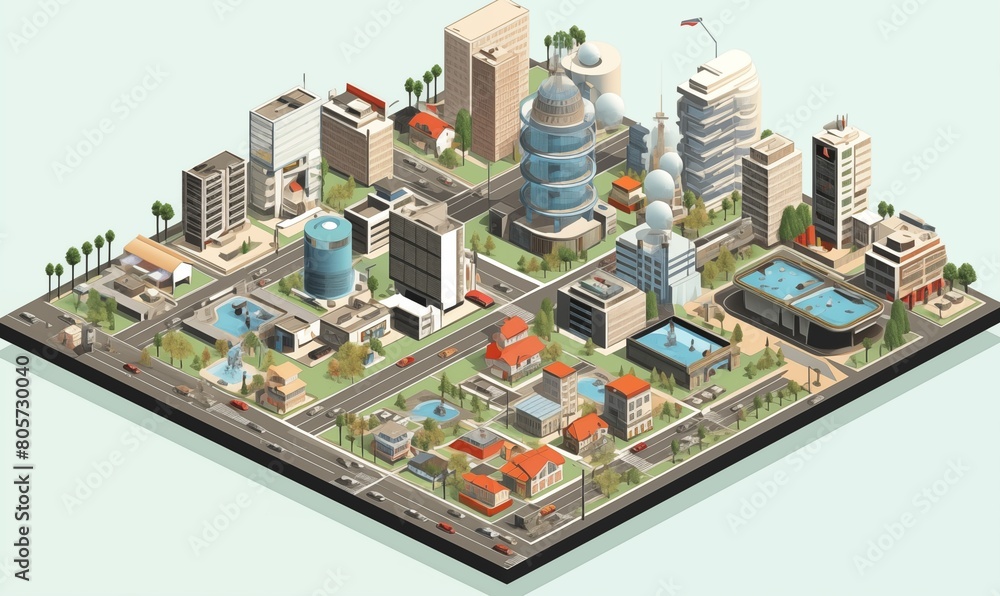 Isometric 3D Cityscape Vector with Different Types of Buildings ...