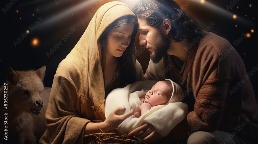 Holy family in divine light holds little newly born Jesus in arms in ...