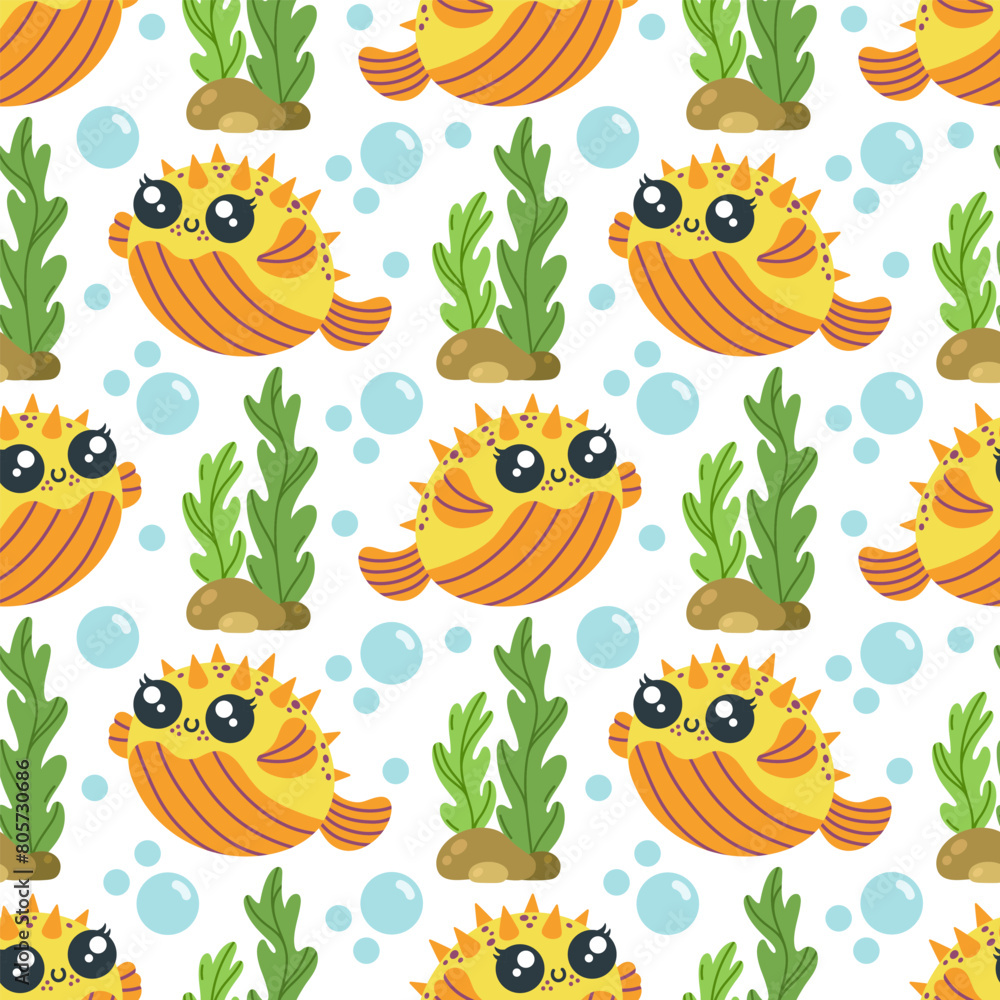 Puffer fish seamless vector pattern. A funny orange animal swims among ...