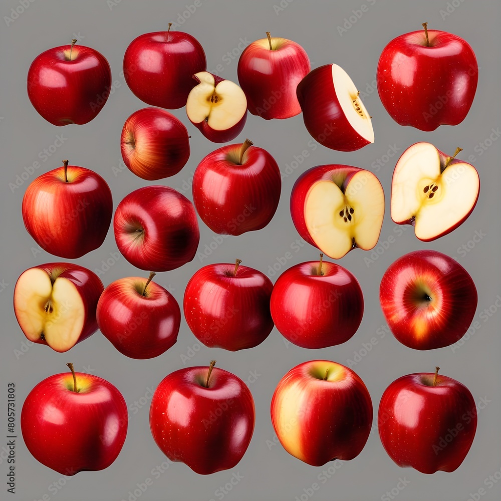 Red apple apples, many angles and view side top sliced halved cut ...