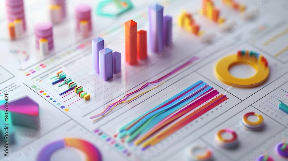Vibrant 3D data visualization landscape with colorful charts and graphs ...