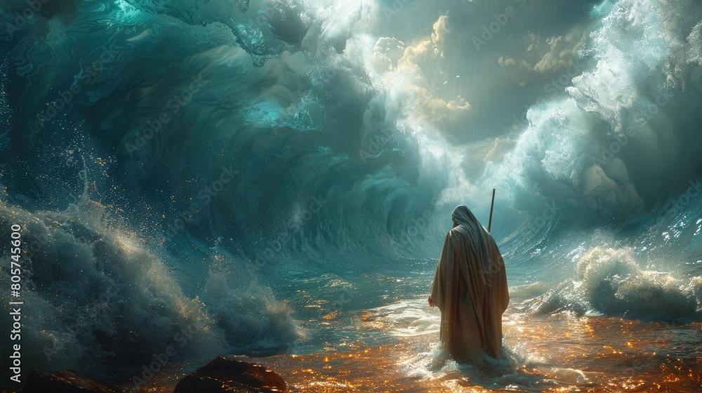 Portrait of the biblical back view of Moses dividing the sea with his ...