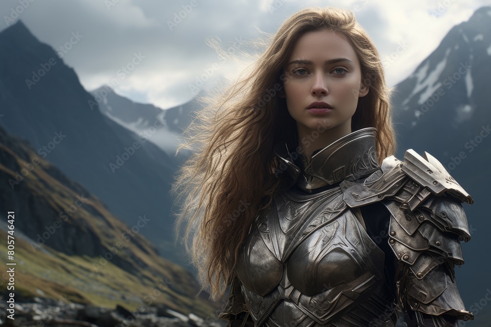 Powerful female warrior in armored costume standing in front of ...