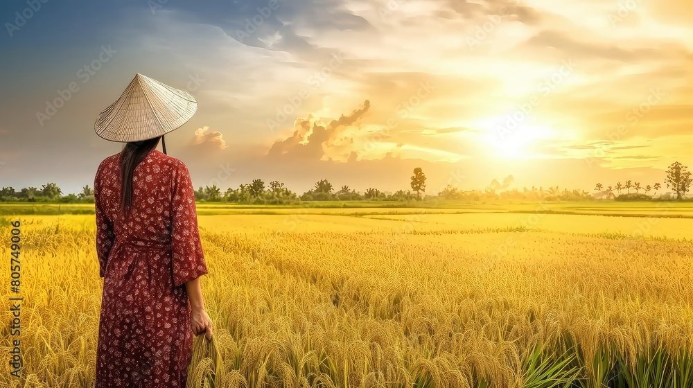 Amidst the rice field, an Asian woman stands as a guardian of tradition ...