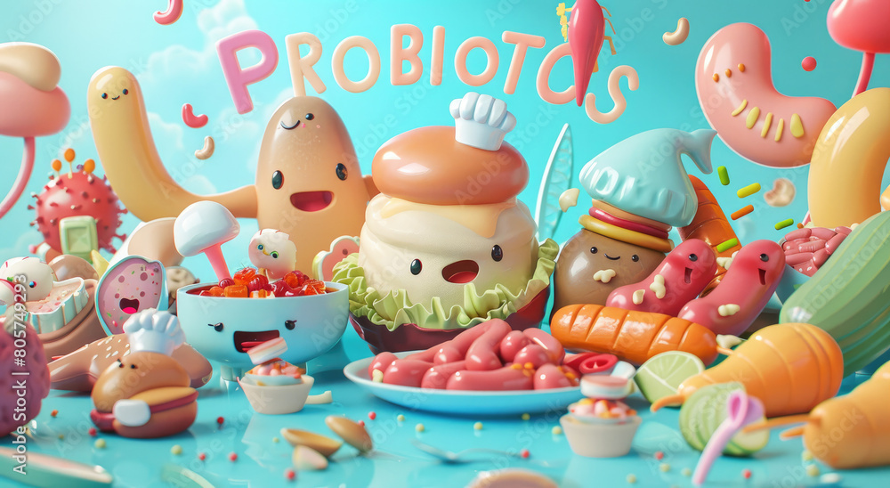 3d cartoon illustration of cute tiny happy bacteria cooking in the ...