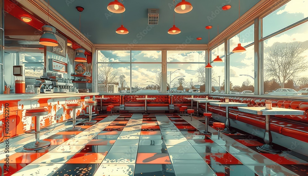 Take a picture of a retro diner with red vinyl booths, black and white ...
