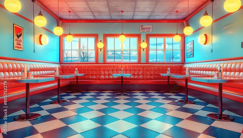 An empty retro diner with red vinyl booths and a black and white ...