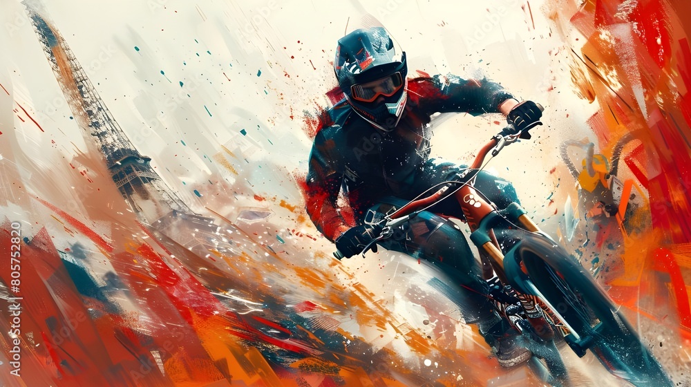 Abstract graffiti colourful art of BMX freestyle athlete performing ...