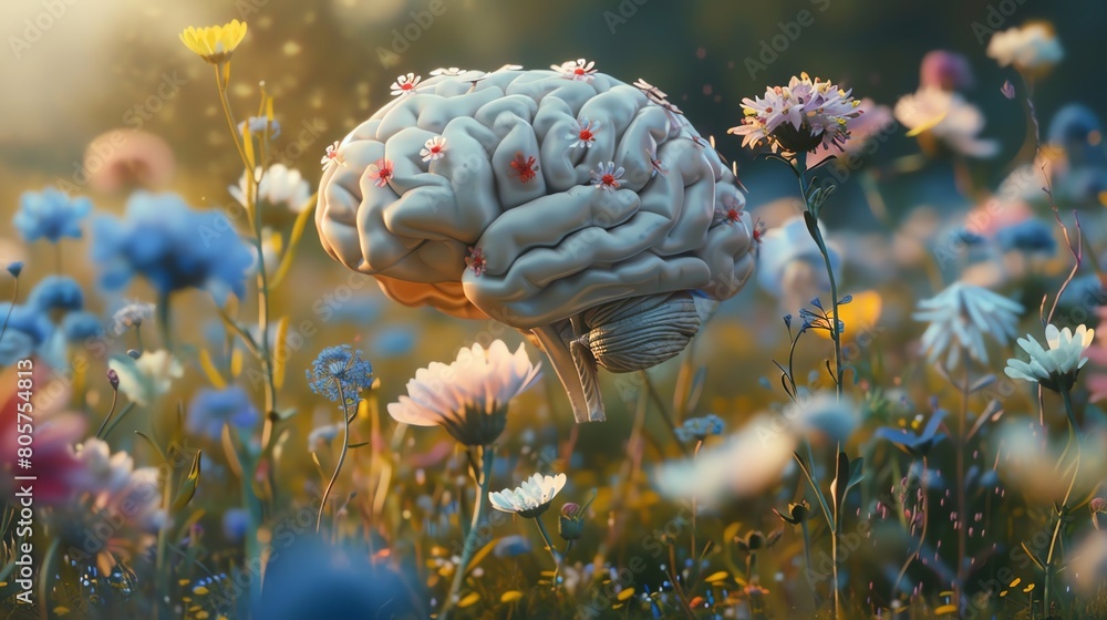 A macro 3D scene depicting a human brain as a garden of wildflowers ...
