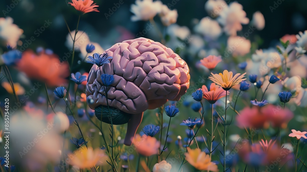 A macro 3D scene depicting a human brain as a garden of wildflowers ...