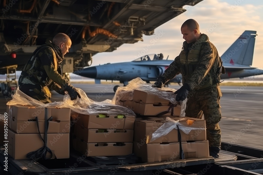 Supply of ammunition to war zone. Packing military cargo at a military ...